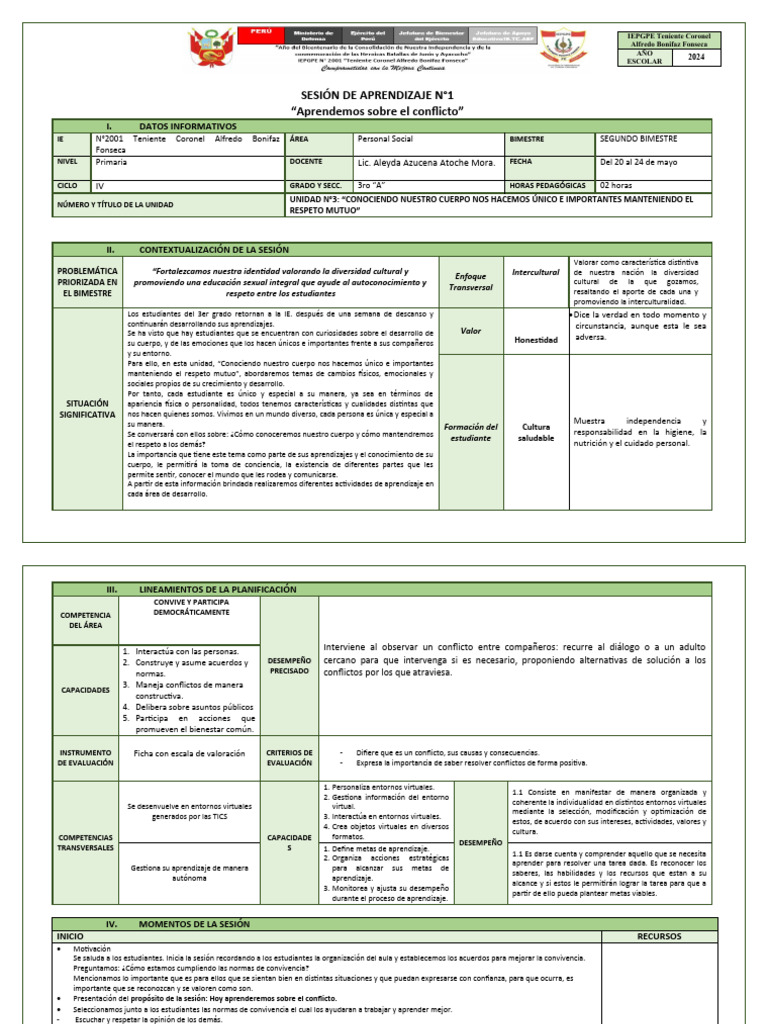 Sesión 1 - P.S - Aprendemos Sobre El Conflicto Azucena | PDF | Aprendizaje | Evaluación