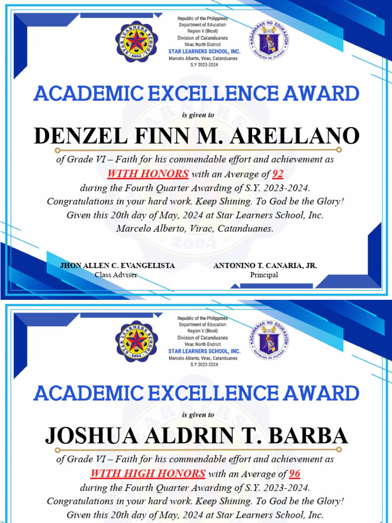 Grade VI Academic Excellence Awards | PDF | Sports & Recreation