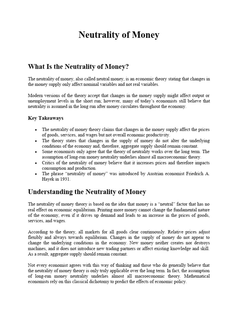 Neutrality of Money | PDF | Economics | Long Run And Short Run