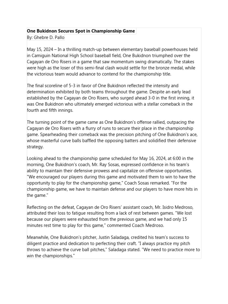 One Bukidnon Advances to Championship Game | PDF | Pitcher | Major ...