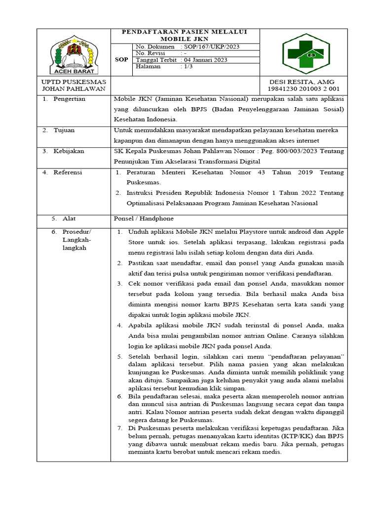 SOP PENDAFTARAN PASIEN MELALUI MOBILE JKN REVISI | PDF