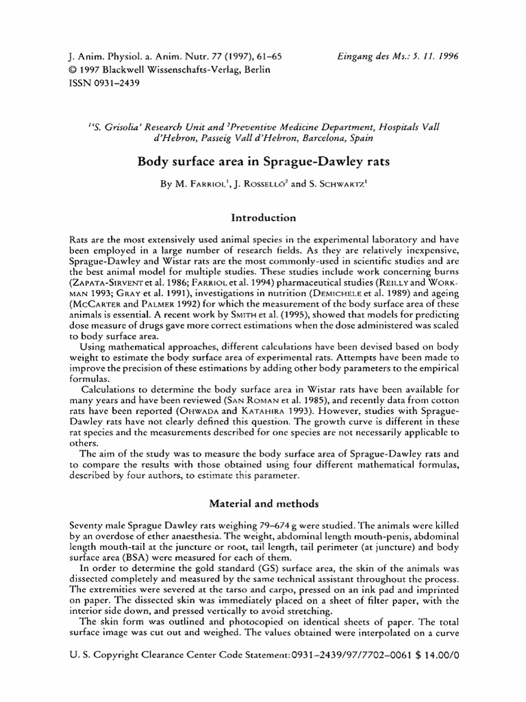 Body Surface Area in Sprague Dawley Rats | PDF | Area | Laboratory Rat