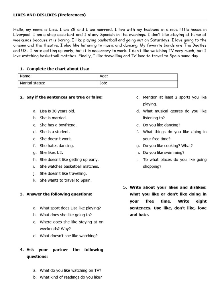 Preferences Worksheet LIKES and DISLIKES (Lisa’s Story ADVANCED) | PDF