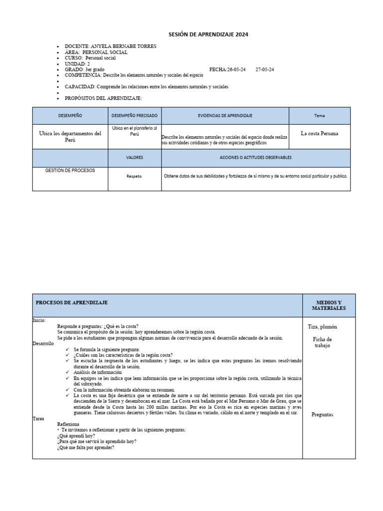 SESIÓN DE APRENDIZAJE 2024-3ero Grado | PDF | Aprendizaje | Perú