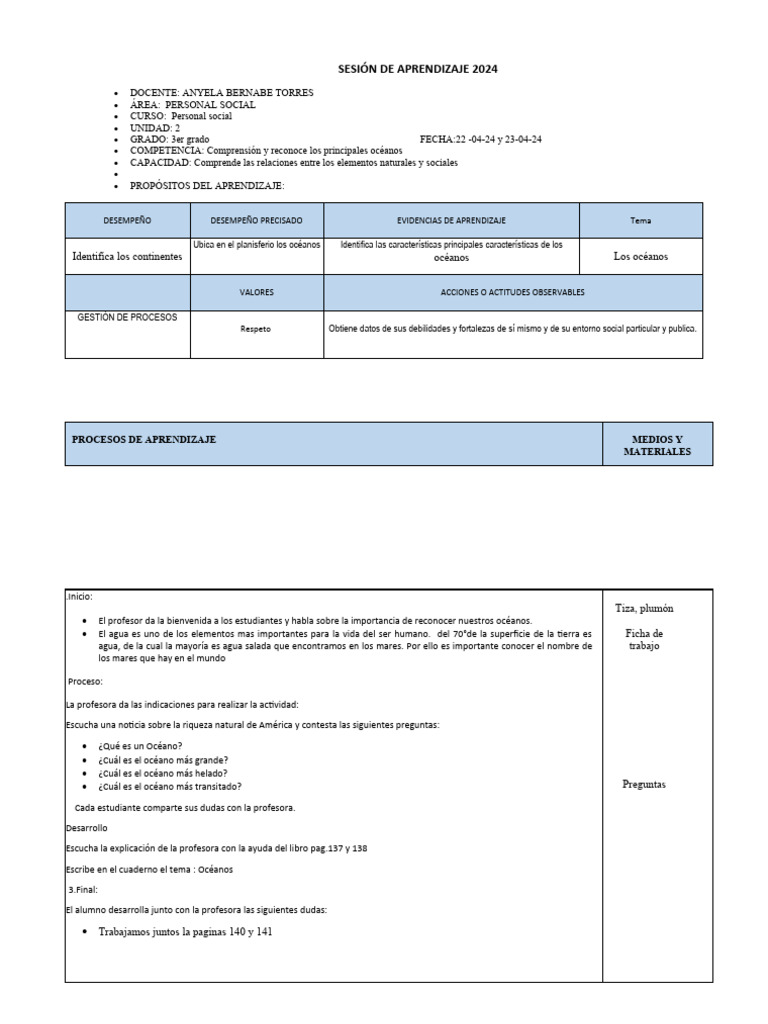SESIÓN DE APRENDIZAJE 2024-3ero Grado | PDF | Aprendizaje | Ciencia cognitiva