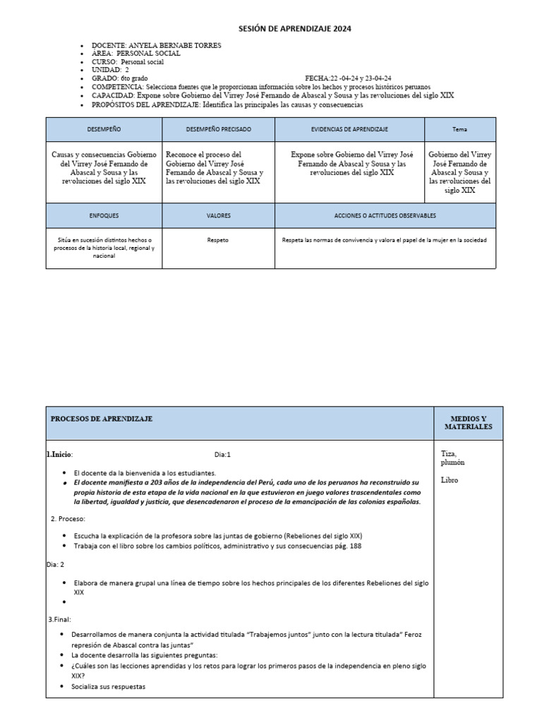 SESIÓN DE APRENDIZAJE 2024-6to Grado | Descargar gratis PDF | Maestros | Aprendizaje