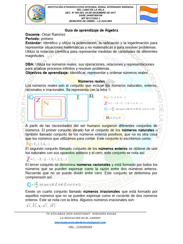 Guía de algebra primer perido 9° | PDF | Números | Conjunto (Matemáticas)