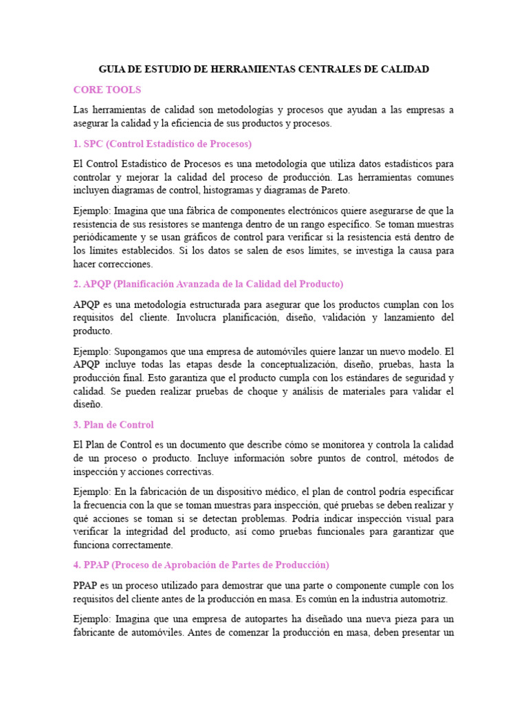Guia de Estudio de Herramientas Centrales de Calidad | Descargar gratis PDF | Calidad (comercial ...