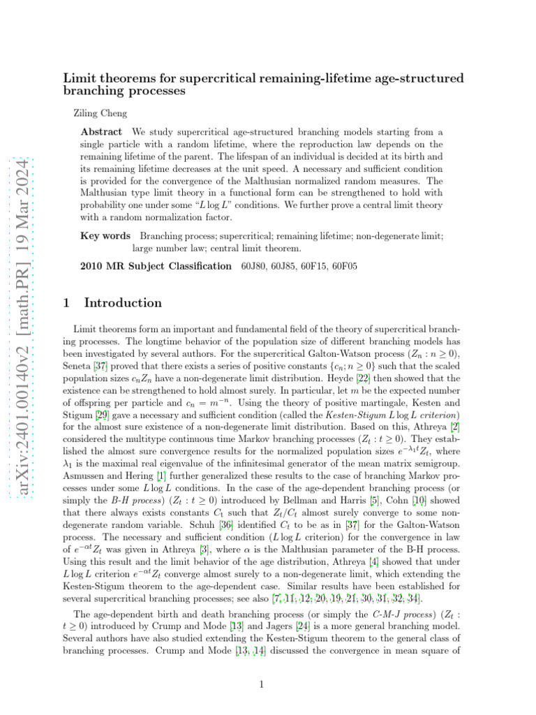Limit Theorems For Supercritical Remaining-Lifetime Age-Structured Branching Processes | PDF ...
