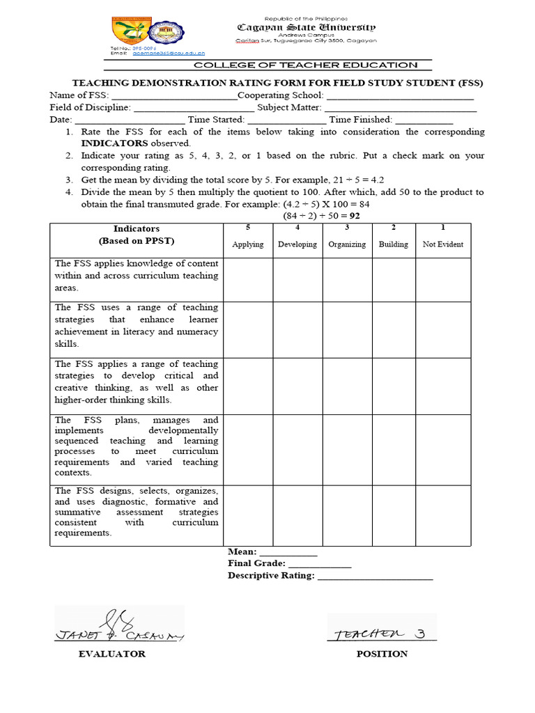 FSS Rating Sheet | PDF | Cognitive Psychology | Teaching