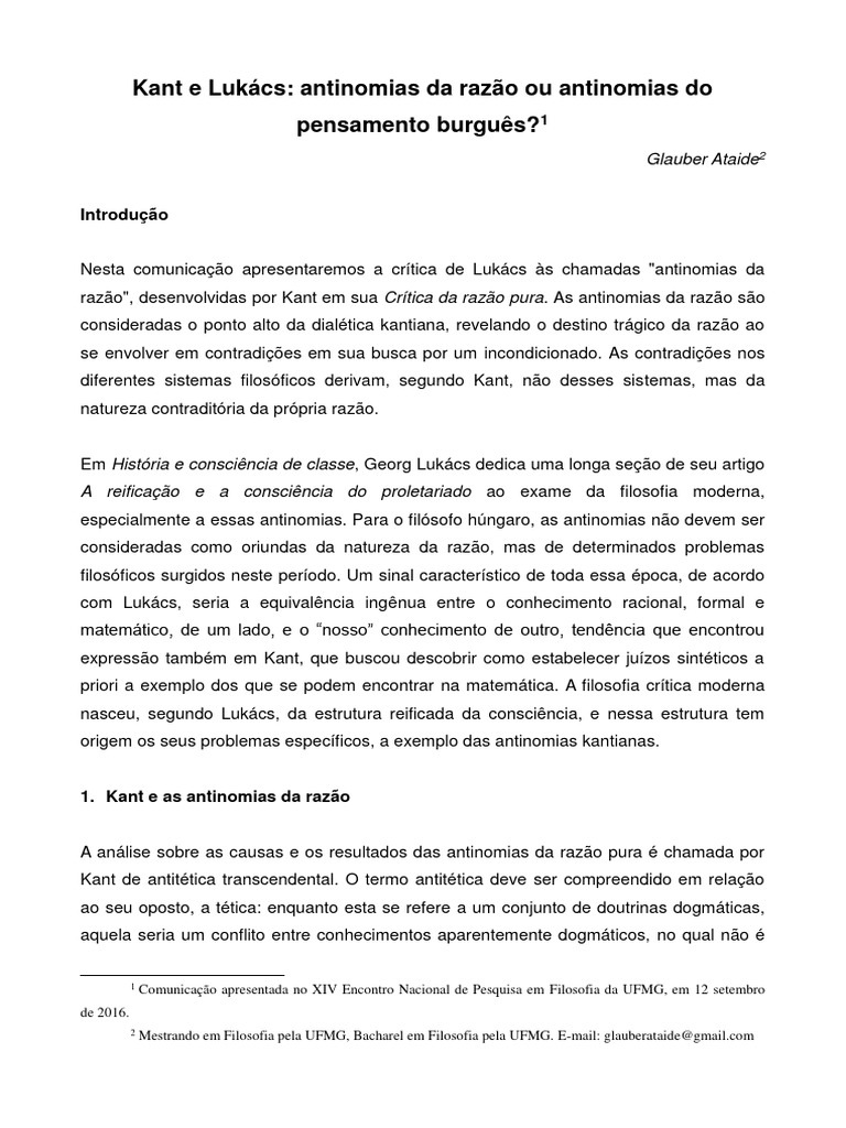 Kant e Lukacs Antinomias Da Razao Ou Ant | PDF | Immanuel Kant | Pensamento