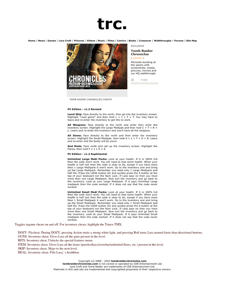 Tomb Raider Chronicles - Cheats and Cheat Codes For PC | PDF | Cheating In Video Games