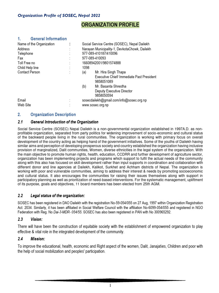 SOSEC Nepal NGO Profile | PDF | Wash | Audit