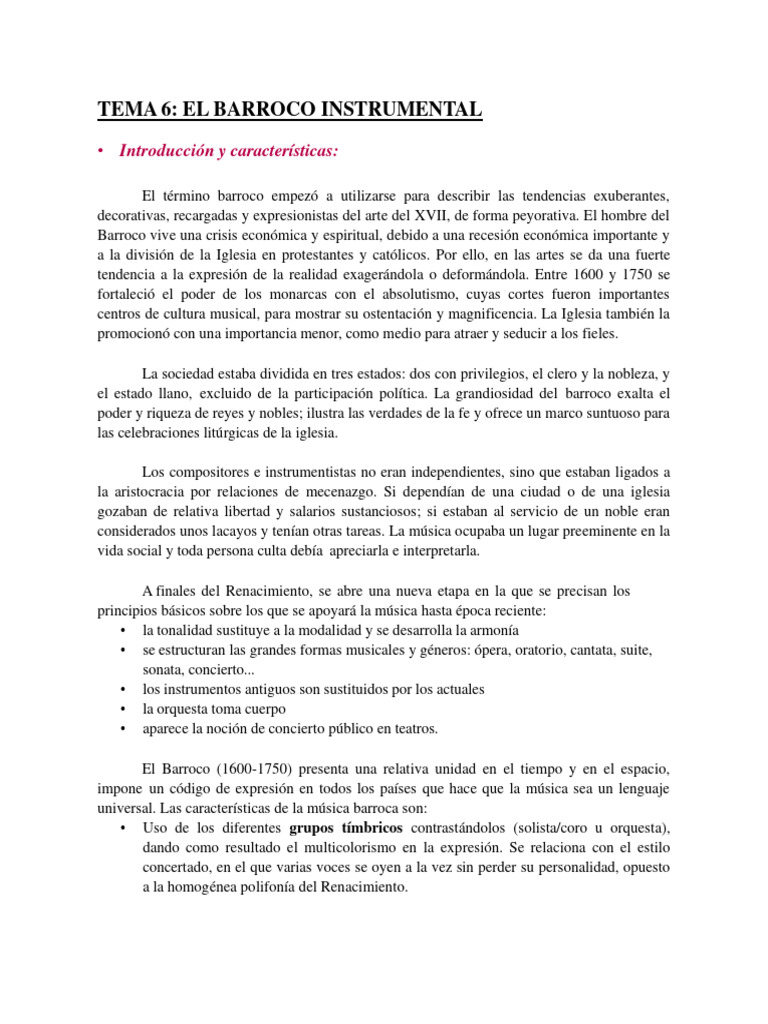 Tema 1. Musica Instrumental Barroco Terminado | PDF | Suite (Música) | Concierto
