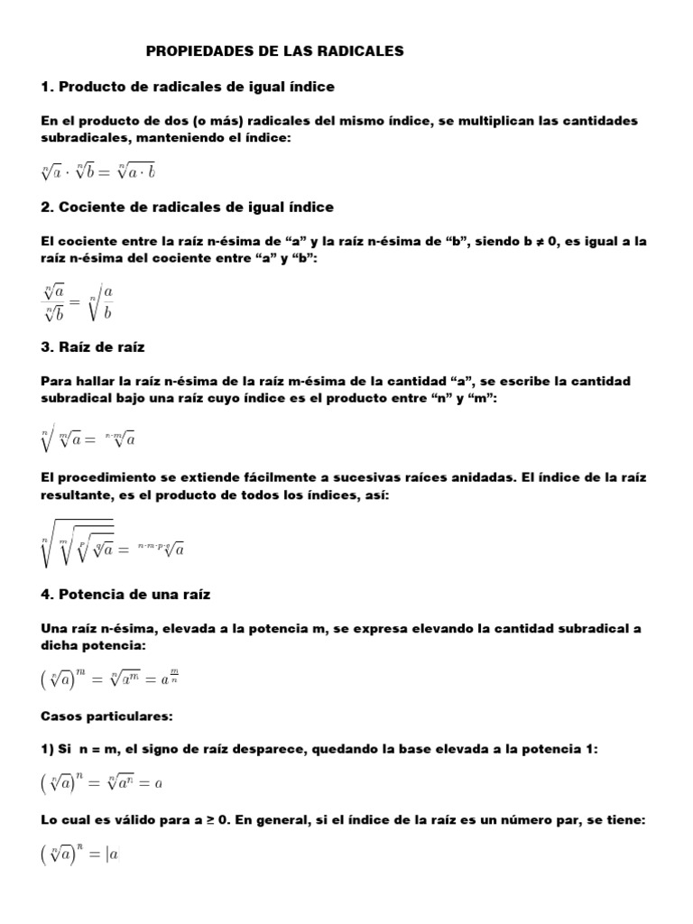 Propiedades de los Radicales Matemáticos | PDF | Exponenciación ...