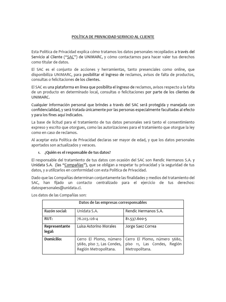 Pol Tica de Privacidad SAC UNIMARC v.25.04.2023 | PDF | Política de privacidad | Privacidad