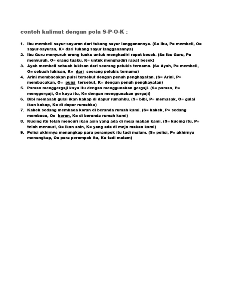 Contoh Kalimat Dengan Pola SPOK | PDF | Griya & Taman