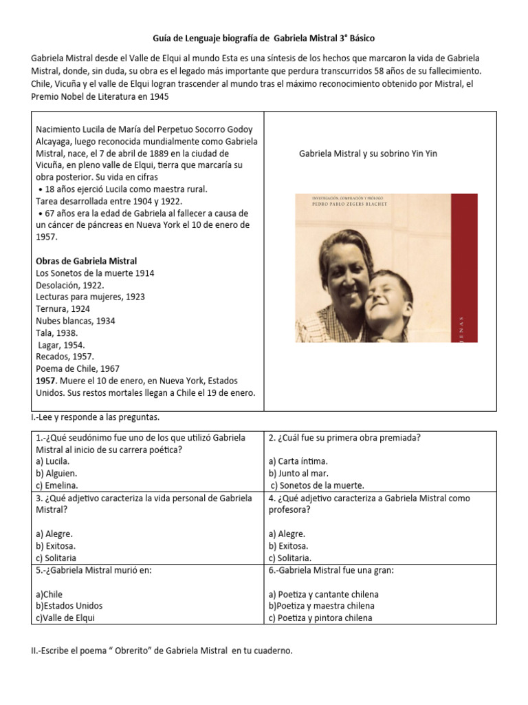 Guía de Lenguaje Biografía de Gabriela Mistral 3 | PDF