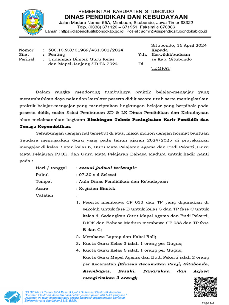 Tte Undangan Bimtek Guru Kelas | PDF