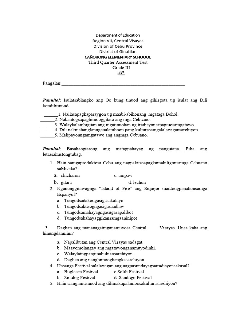 Assessment Test With TOS Grade 3 FOURTH QUARTER | PDF