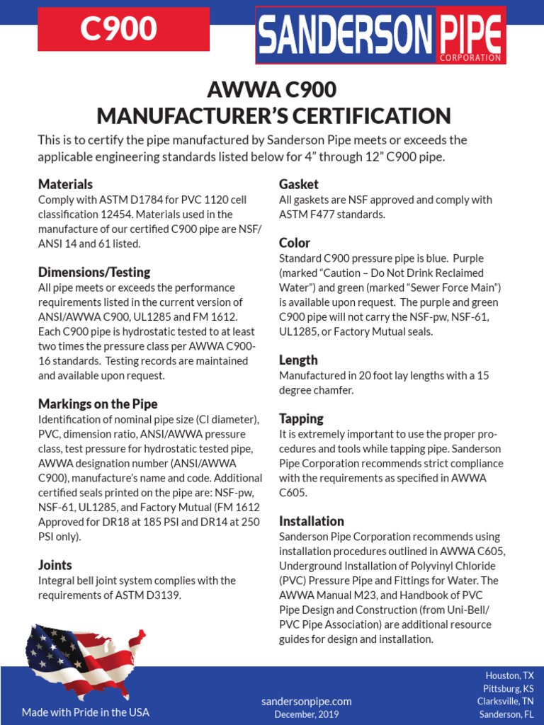 C900 Pipe Certification and Specifications | PDF | Pipe (Fluid ...