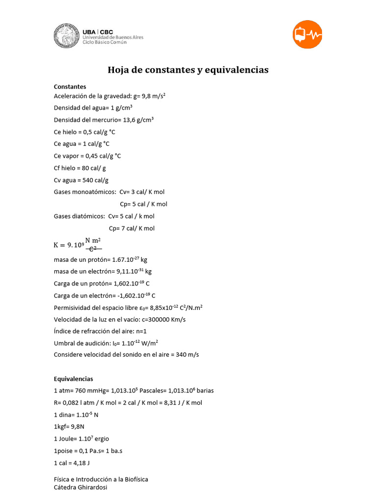 Hoja de Constantes y Equivalencias | PDF