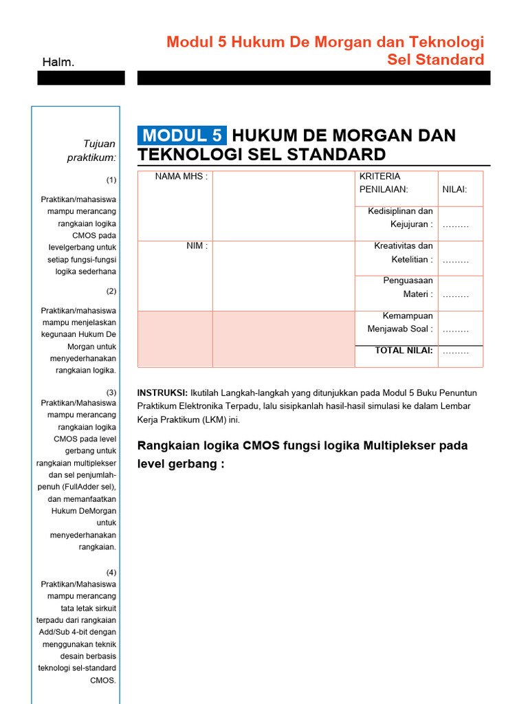 LKM 5 Hukum de Morgan Dan Teknologi Sel Standard (Nama Lengkap Mahasiswa) | PDF | Komputer