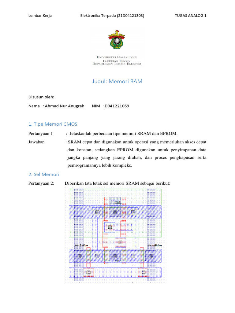 22.1069 - Ahmad Nur Anugrah - TUGAS ANALOG 1, Memori RAM, Lembar Kerja - Minggu 10 | PDF
