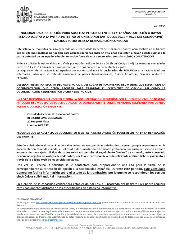 IV - Opción A La Nacionalidad Española 20.1a - 14-17 Años Nacido Fuera | PDF | Política de ...