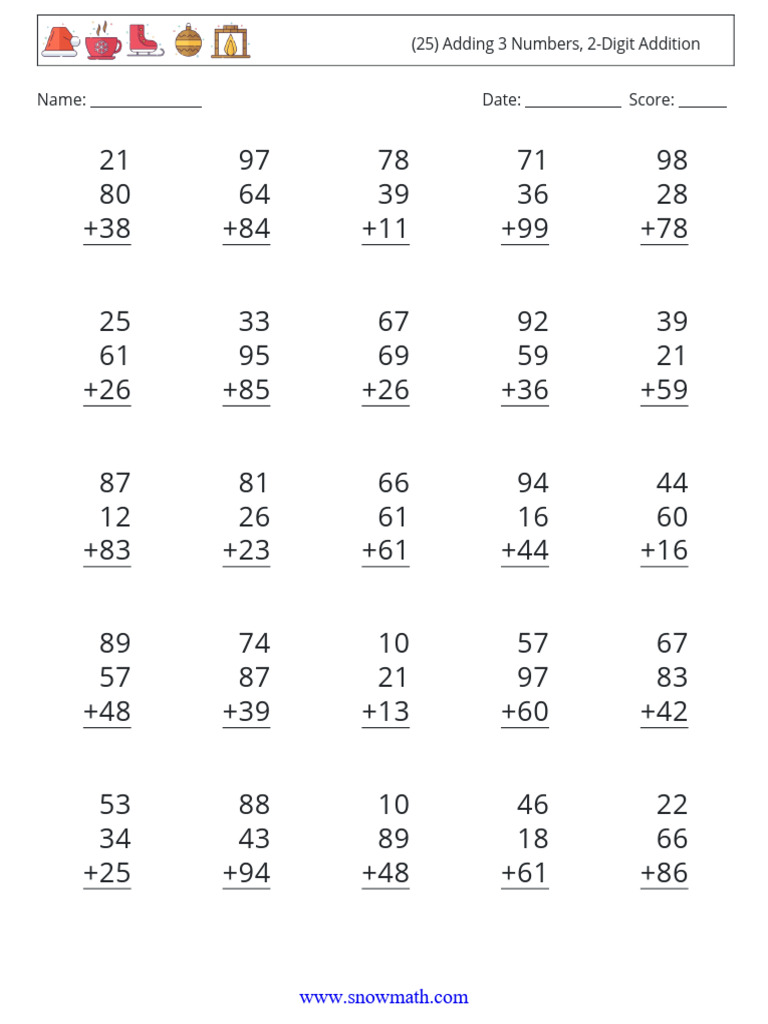 2-Digit Addition with 3 Numbers | PDF