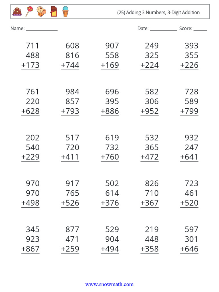 Adding 3 Numbers, 3 Digit Addition 2QA | PDF