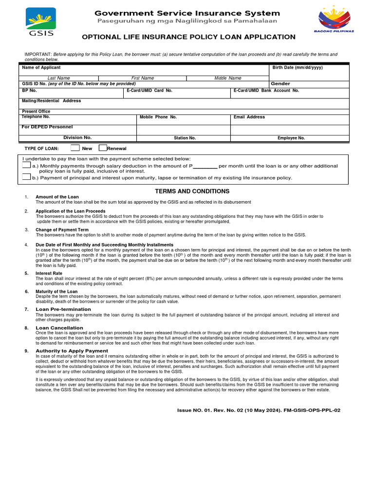 FM-GSIS-OPS-PPL-02 - Optional Life Insurance Policy Loan Application ...