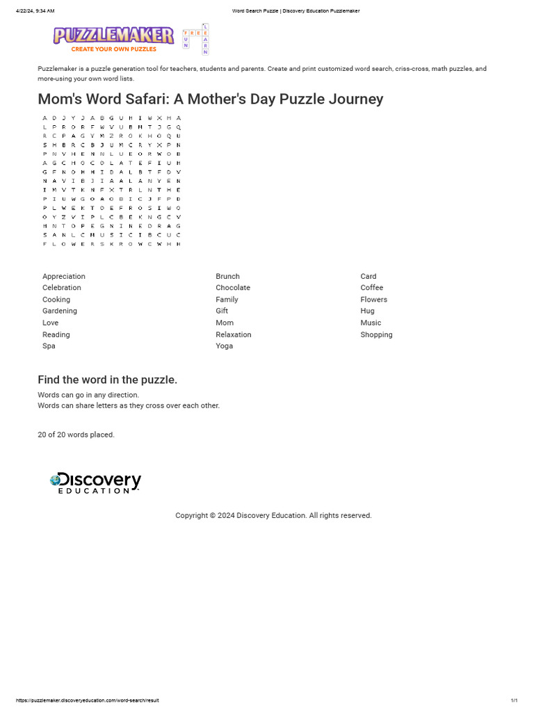 Word Search Puzzle - Discovery Education Puzzlemaker | PDF