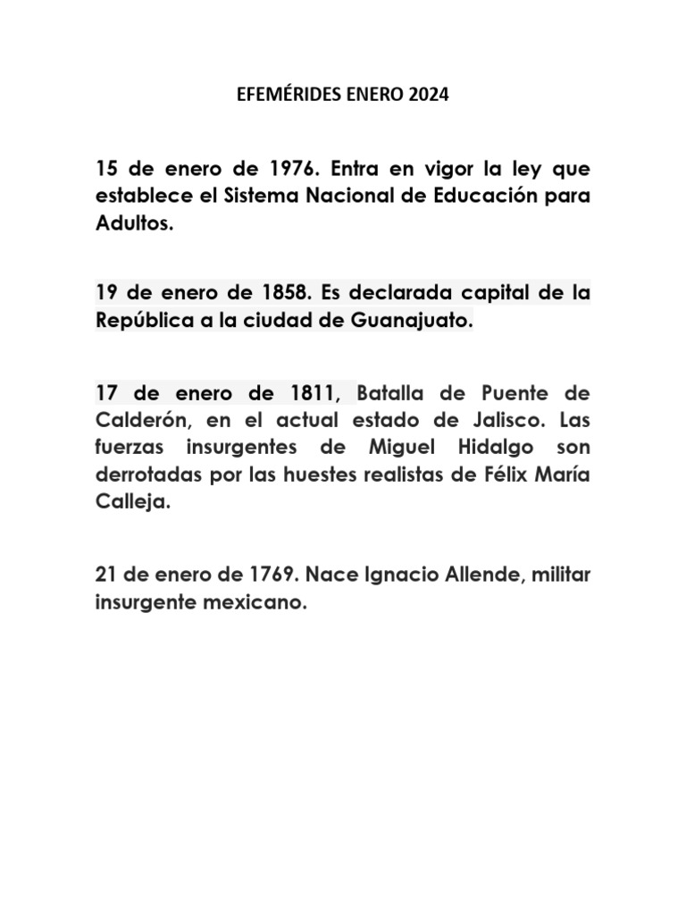 Efemérides de enero 2024 en México | PDF