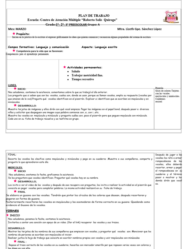 Planeación de Vocales para Preescolar | PDF | Educación de la primera ...