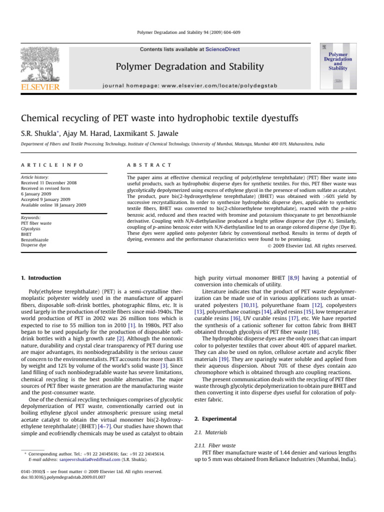 Chemical Recycling of PET Waste Into Hydrophobic Textile Dyestuffs ...
