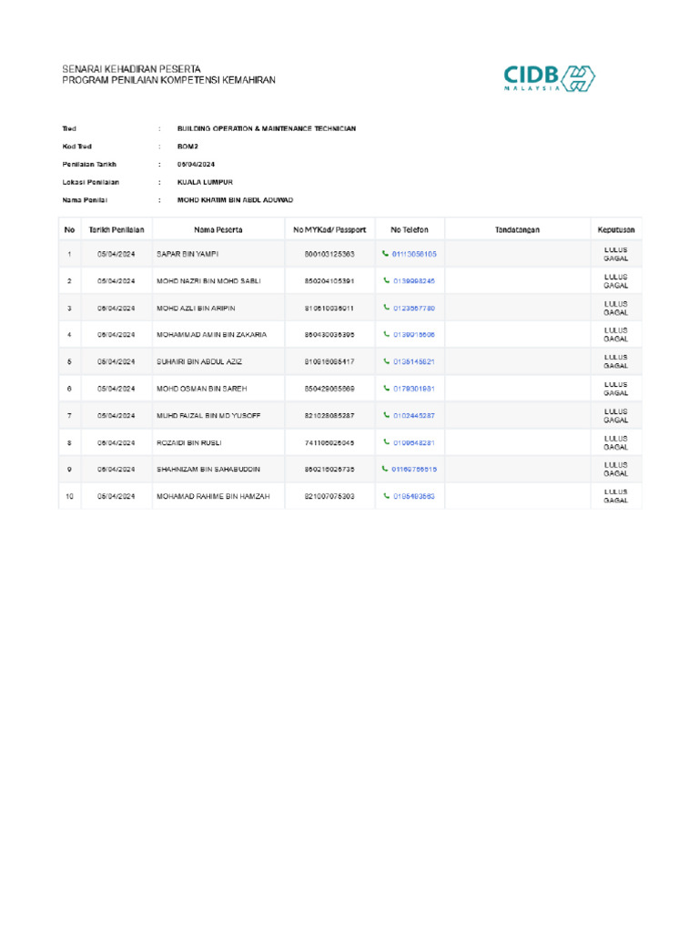 documentCONTOH SENARAI KEHADIRAN | PDF