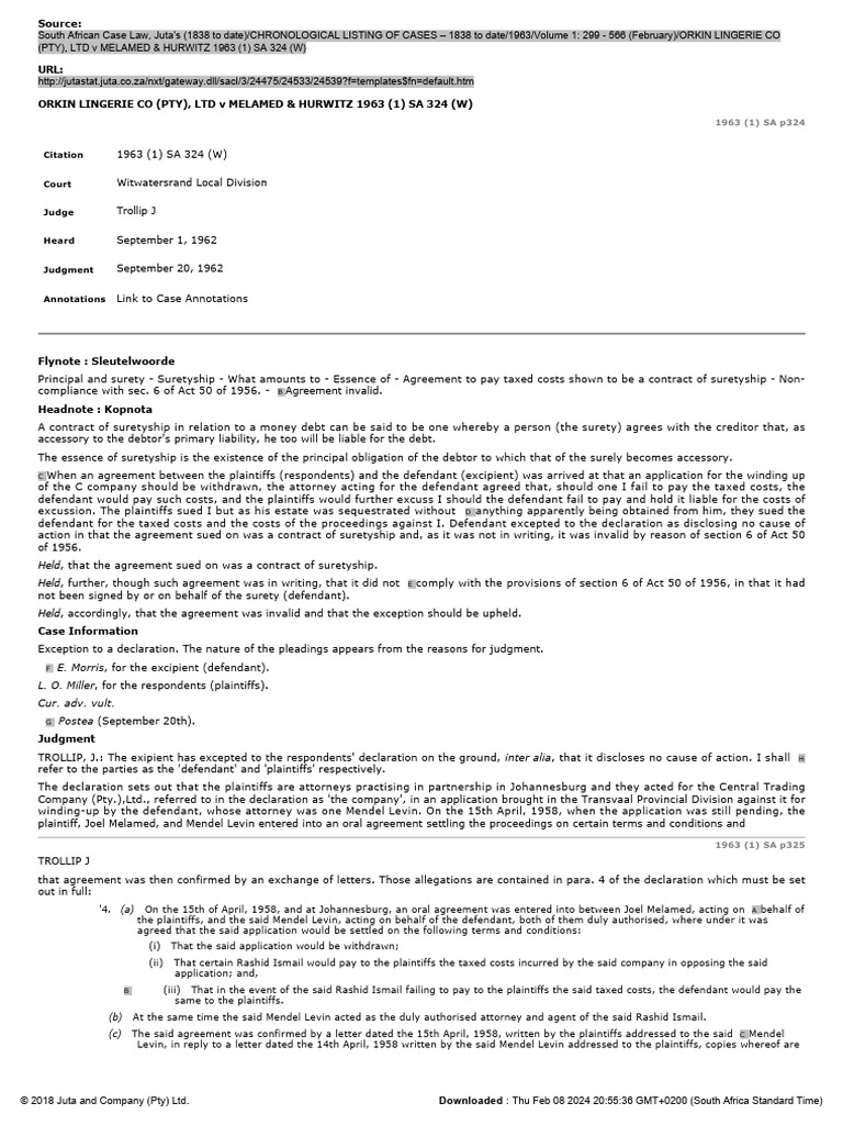 Orkin Lingerie Co (Pty), LTD V Melamed & Hurwitz 1963 (1) Sa 324 (W ...
