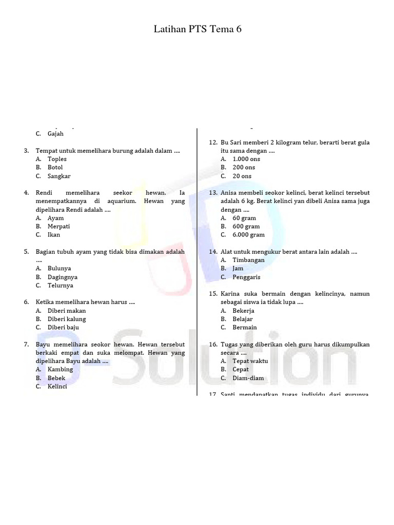 Soal Tematik Kelas 2 Semester 2 Latihan Pts Tema 6 | PDF