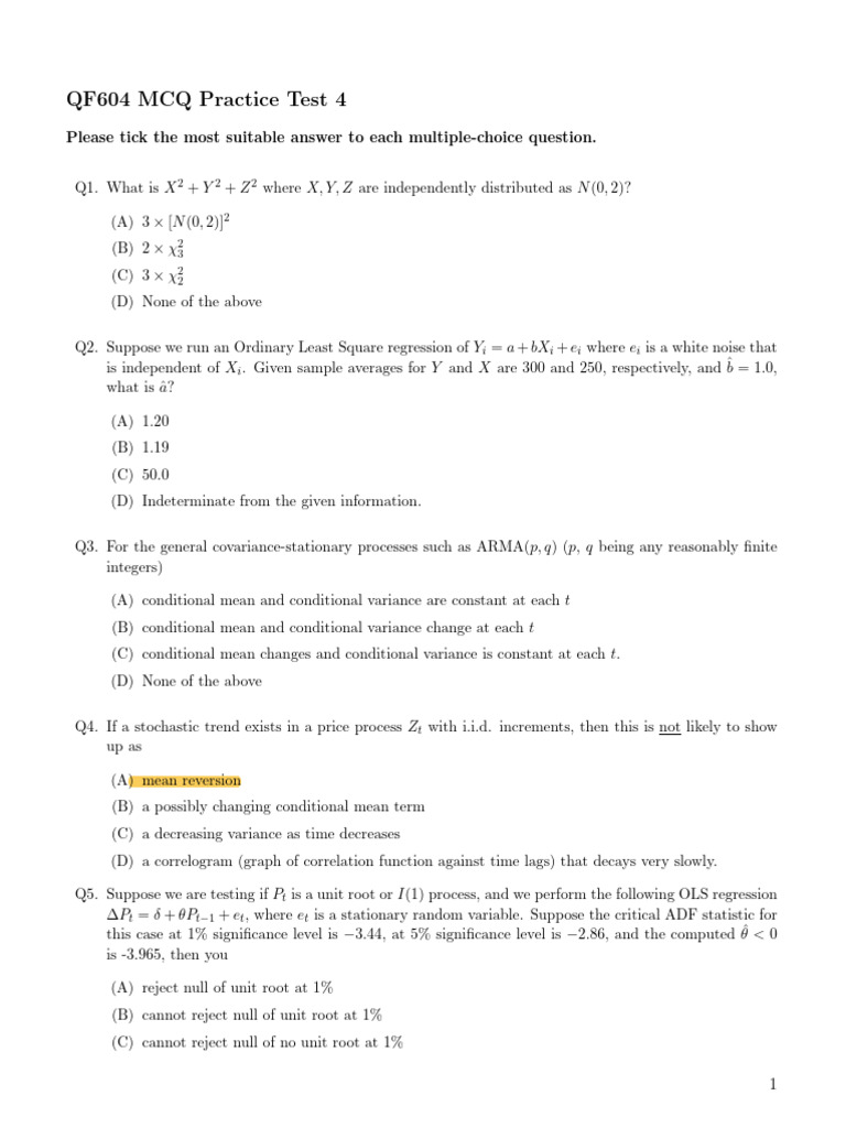 #QF604 MCQ Practice Test 4 | PDF | Regression Analysis | Linear Regression