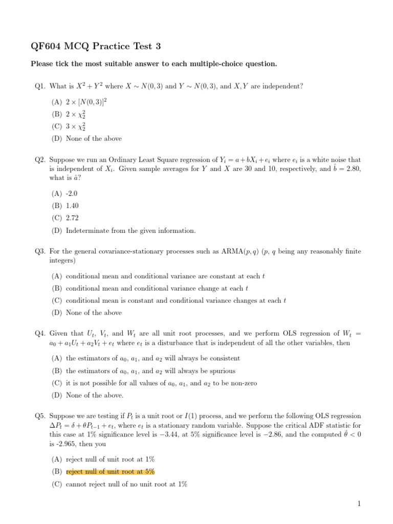 QF604 MCQ Practice Test 3 Answers | PDF | Linear Regression ...
