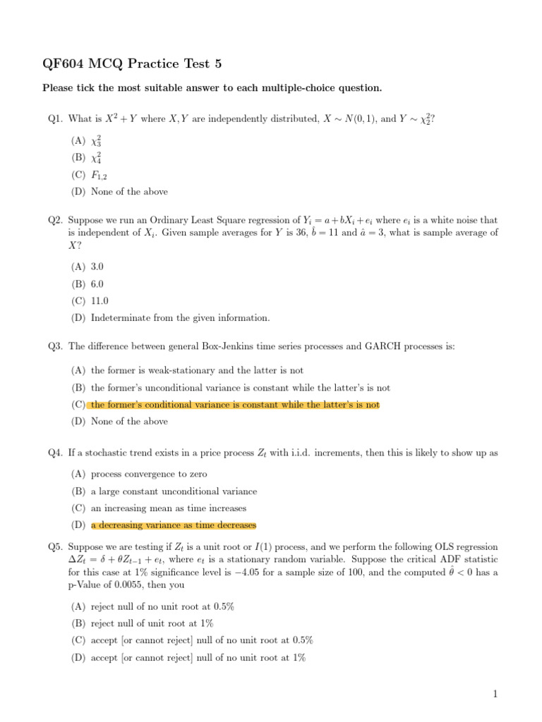 #QF604 MCQ Practice Test 5 | PDF | Probability Theory | Statistical ...