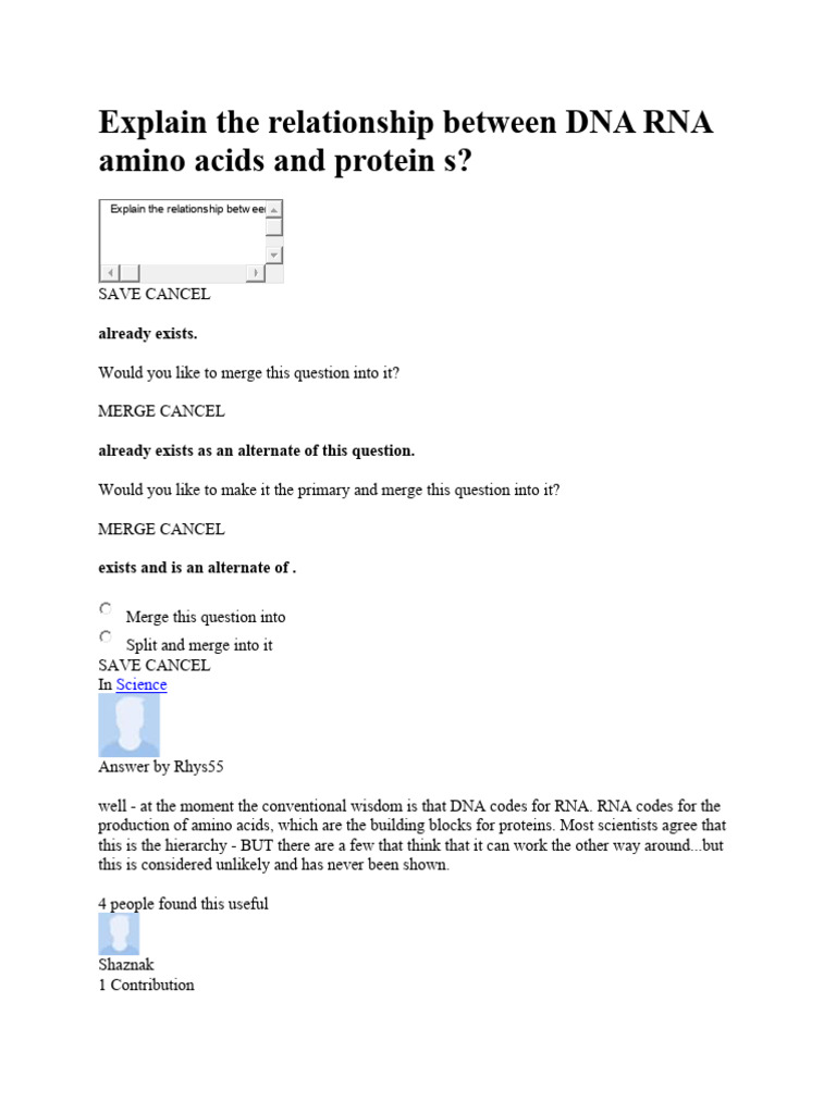 Explain The Relationship Between DNA RNA Amino Acids and Protein S ... Explain The Relationship Between DNA RNA Amino Acids and Protein S ...