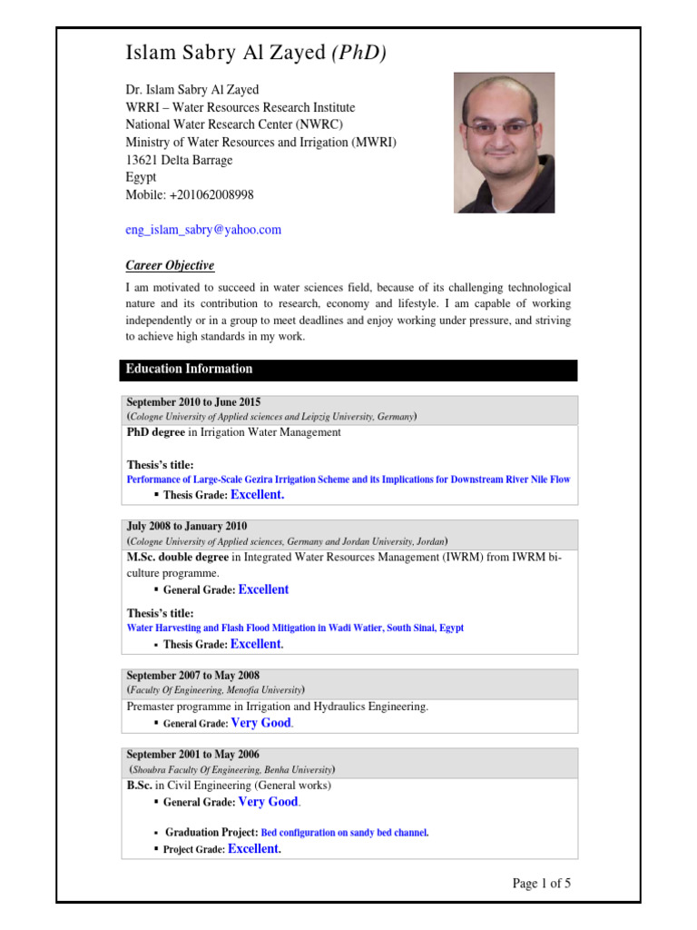 Islam Sabry Al Zayed (PHD) : Career Objective | PDF | Nile | Hydrology