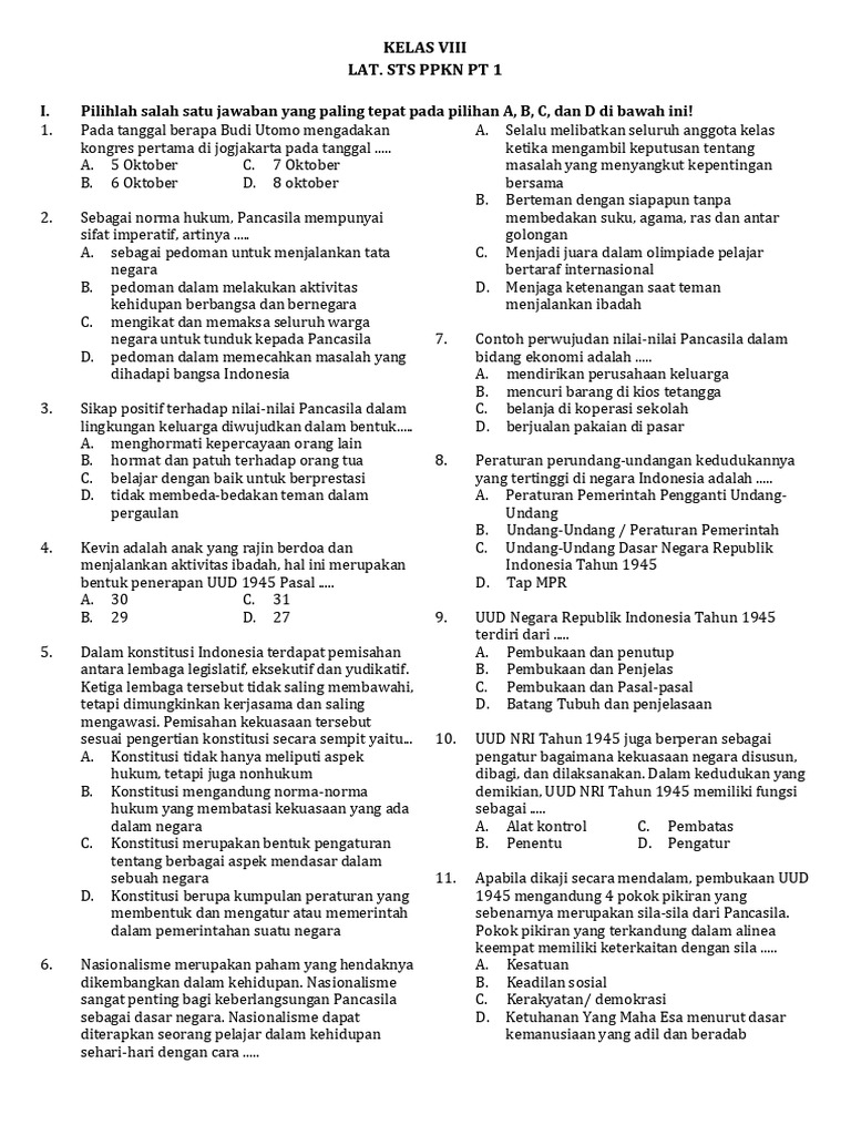 (Rangkap 2) Kelas Viii Lat. STS PPKN PT 1 | PDF