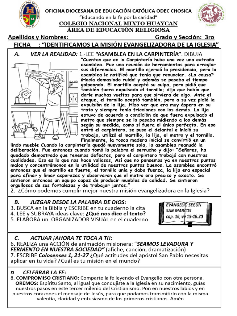 Ficha 7 Unidad 3 3ro Sec | PDF | Jesús | Misionero