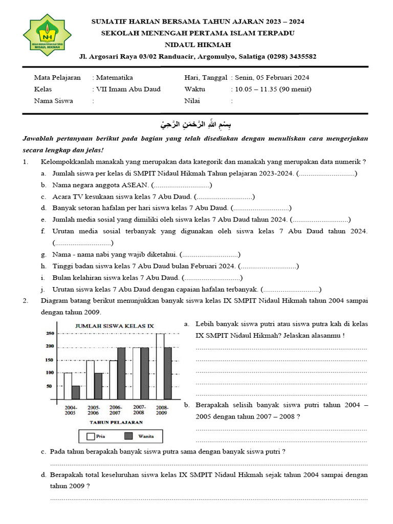 Soal SHB MATEMATIKA 1 KELAS 7 TP 2023 - 2024 Semester 2 | PDF