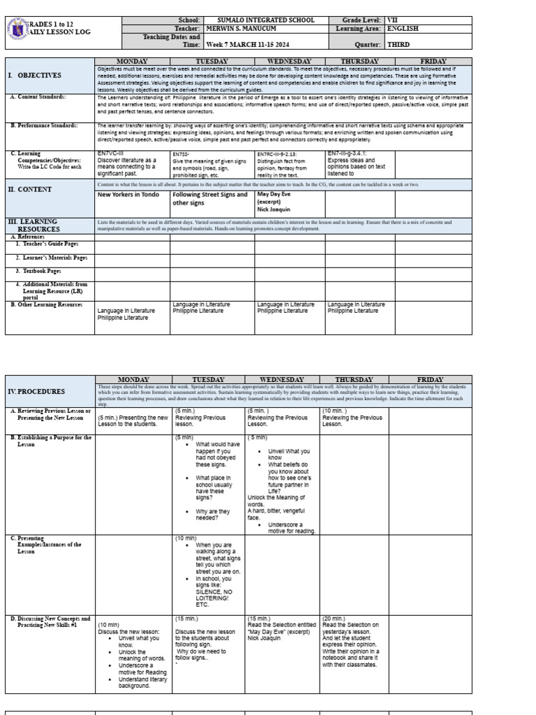 DLL - ENG7 3RDQr Week7 | PDF | Learning | Teachers