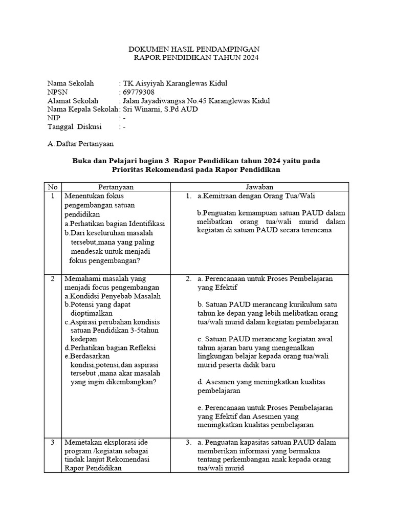 Dokumen Pendampingan Rapor Pendidikan KS TK Aba Karkid | PDF
