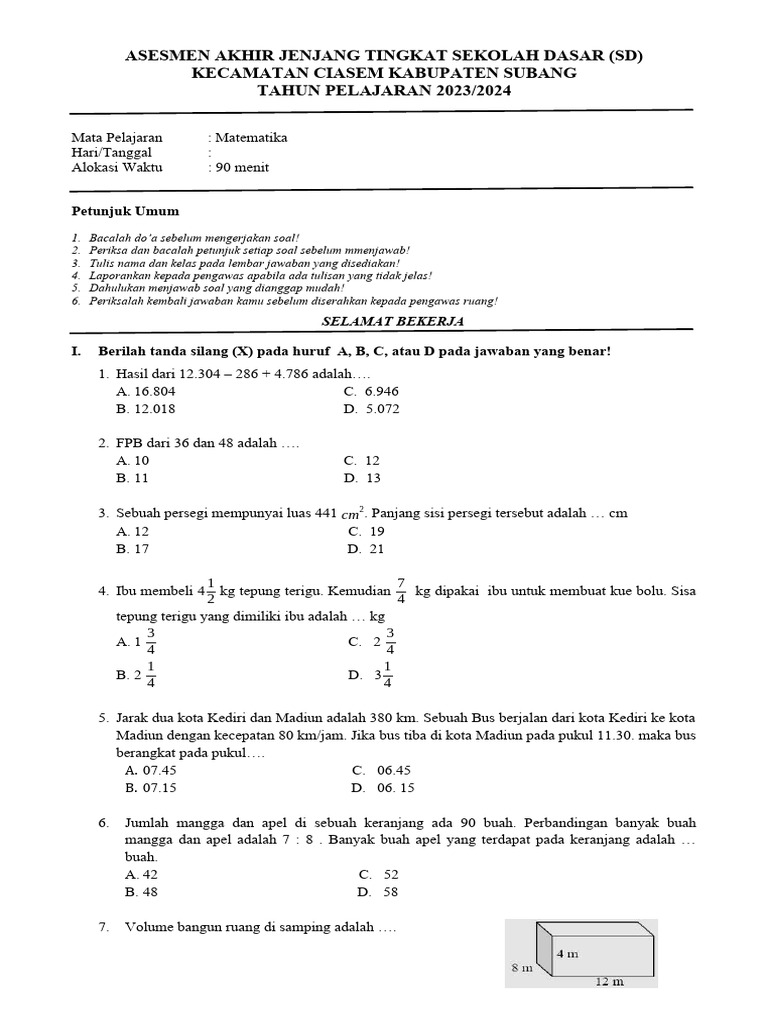 Soal Assesment Sumatif MTK Kelas 6 | PDF